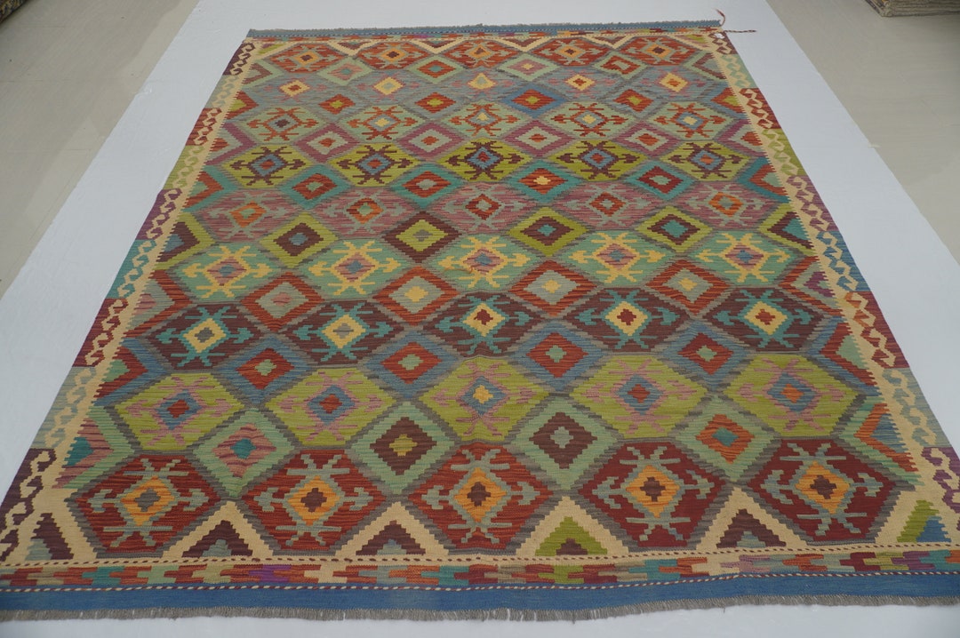 8x10 Kilim Area Rug - Gray Purple Blue Afghan Authentic Geometric Kilim ...
