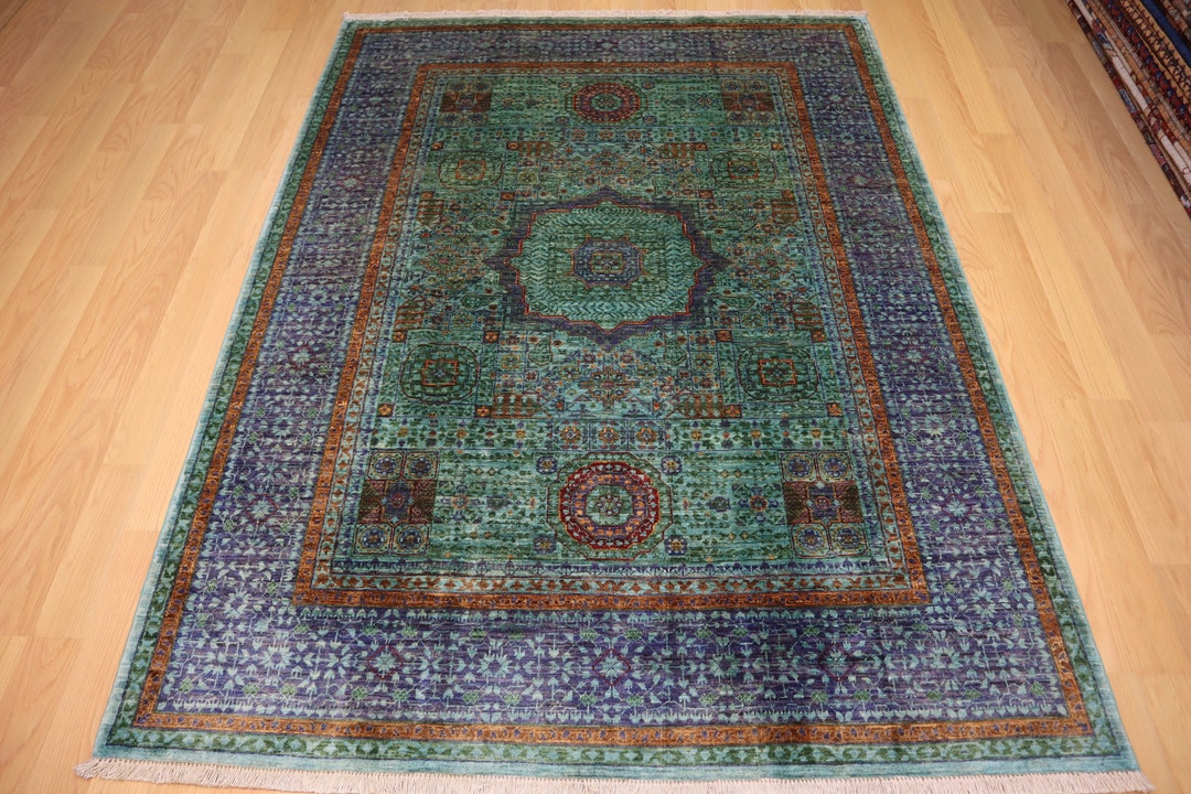 5x7 Turquoise Blue Green Mamluk Area Rug Turkish Hand Knotted Veg Dye ...