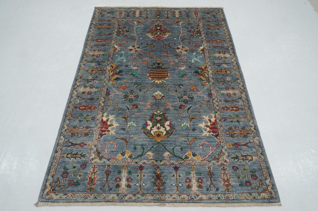 4x6 Blueish Gray Waziri Area Rug - Afghan Hand Knotted Wool Bohemian ...