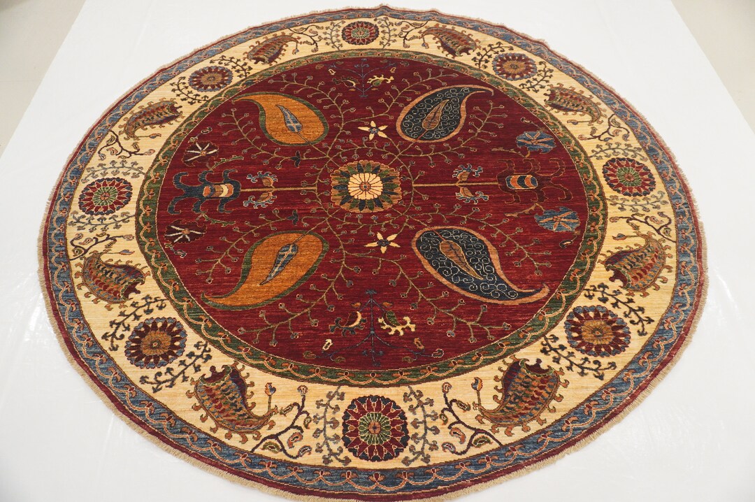 8x8 Round Area Rug - Red Beige Afghan Hand Knotted Dye Wool Circle Rug ...