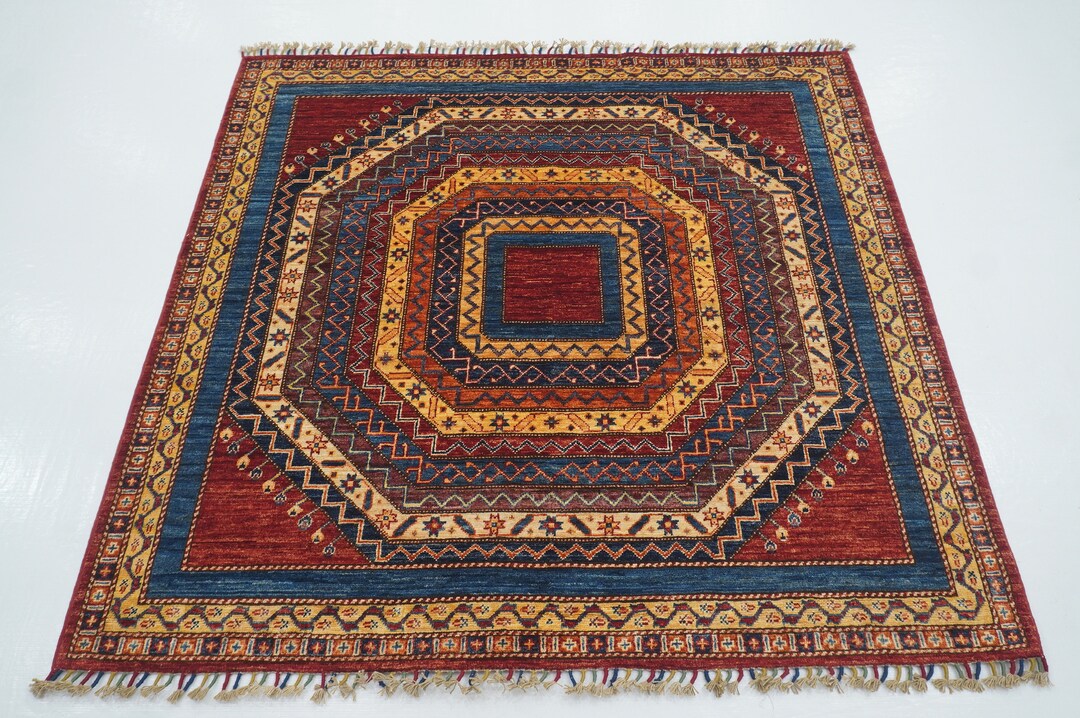 5x5 Turkish Square Area Rug Blue Shawl Pattern Hand Knotted Veg Dyes ...
