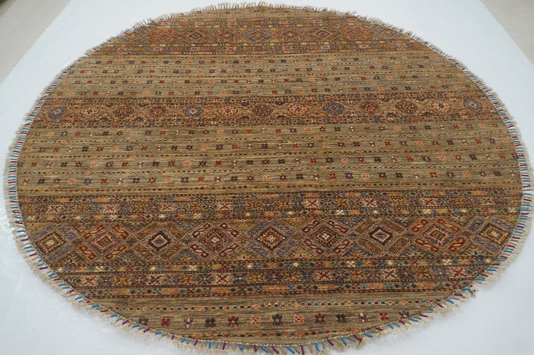 8x8 Afghan Round Rug - Undyed Gray Nomadic Gabbeh Hand Knotted Veg Dye Wool Large Circle Rug ...