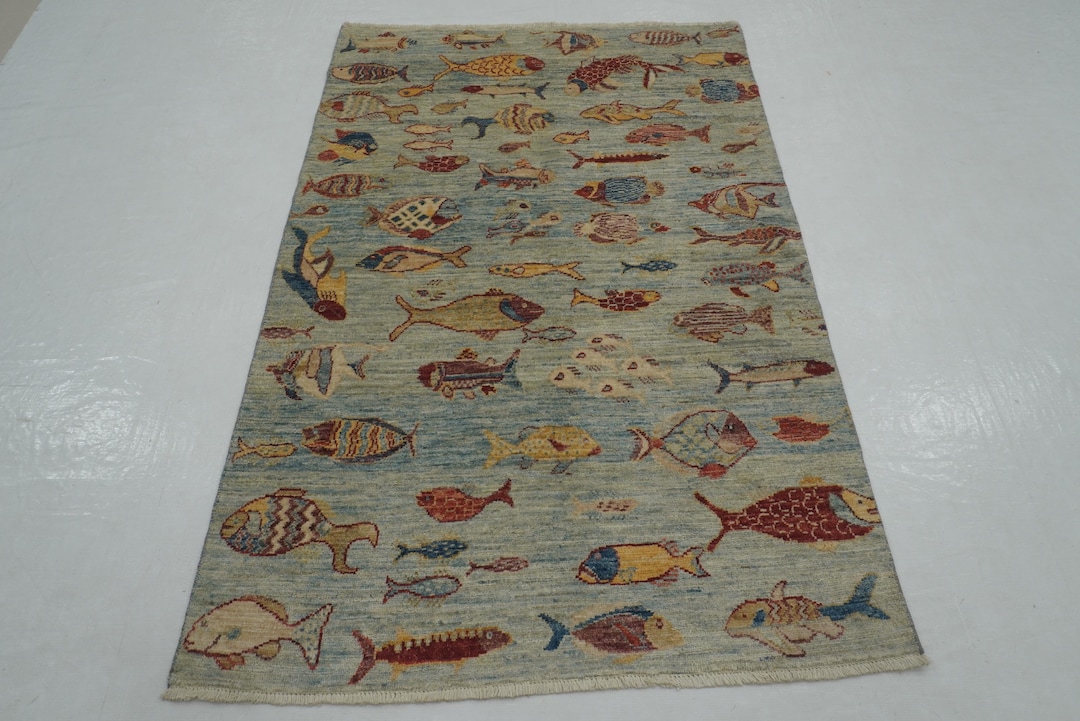 4x6 Muted Blue Fish Gabbeh Rug - Afghan Hand Knotted Veg Dyes Wool Area ...