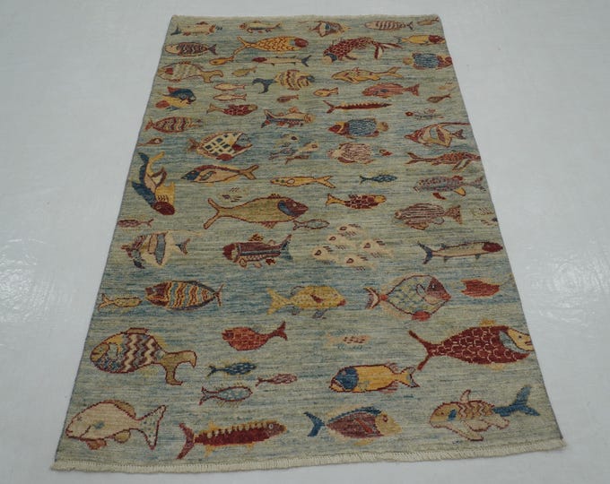 4x6 Muted Blue Fish Gabbeh Rug - Afghan Hand Knotted Veg Dyes Wool Area ...