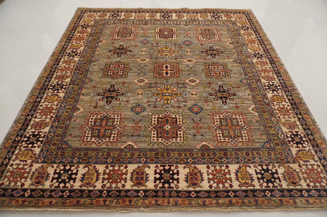 8x8 Kazak Square Area Rug - Natural Gray Afghan Natural Dyes Hand ...