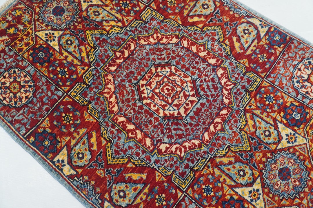 2' X 3' Red Blue Turkish Accent Rug Mamluk Hand Knotted Wool Bohemian ...