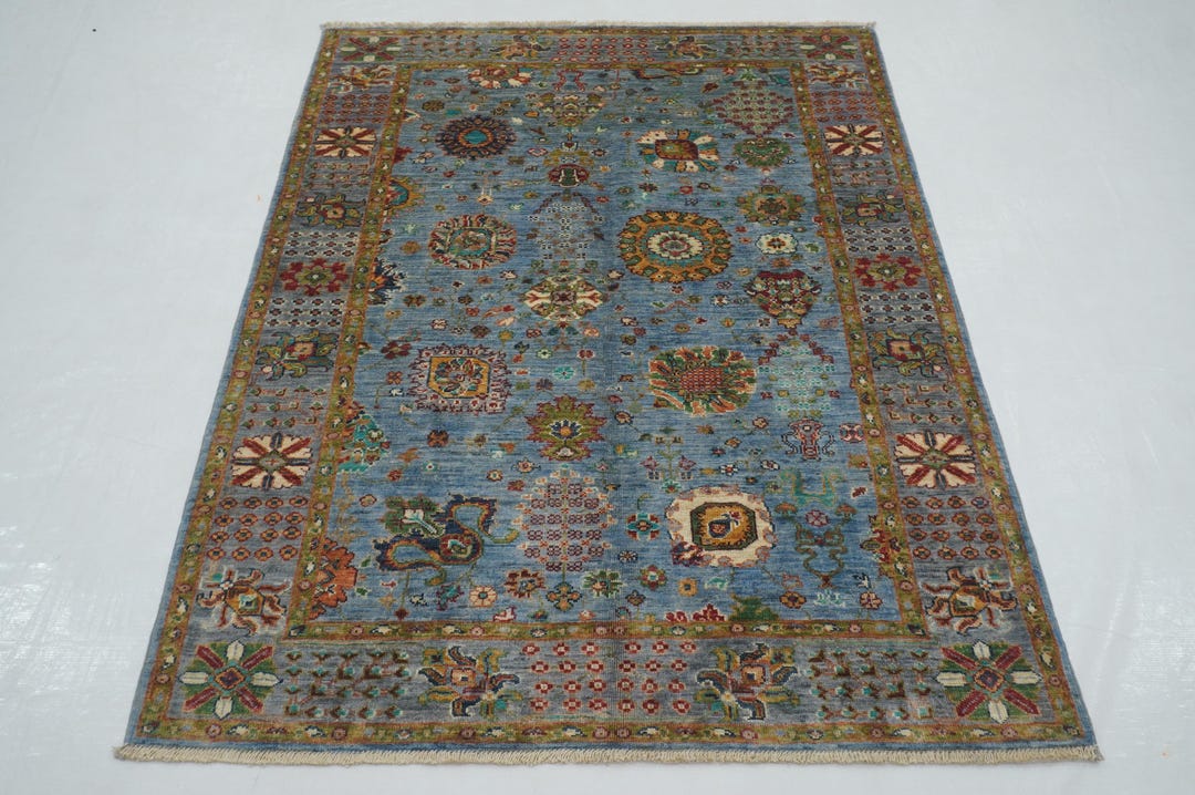 4x6 Blue Waziri Area Rug Afghan Hand Knotted Wool Bohemian All Over ...