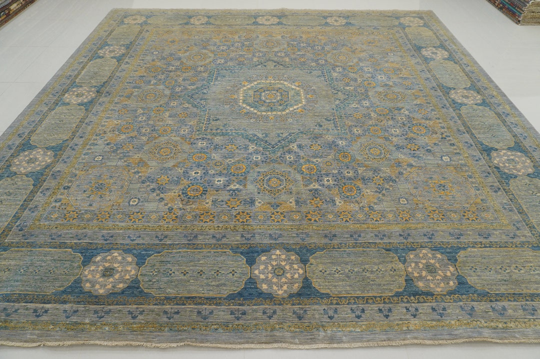 11x11 Blueish Gray Mamluk Rug: Hand Knotted Wool, Veg Dyes - Etsy