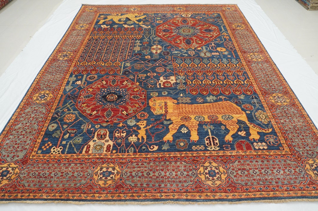 8x10 Blue Egyptian Mamluk Area Rug - Tribal Lion Hand Knotted Veg Dyes ...