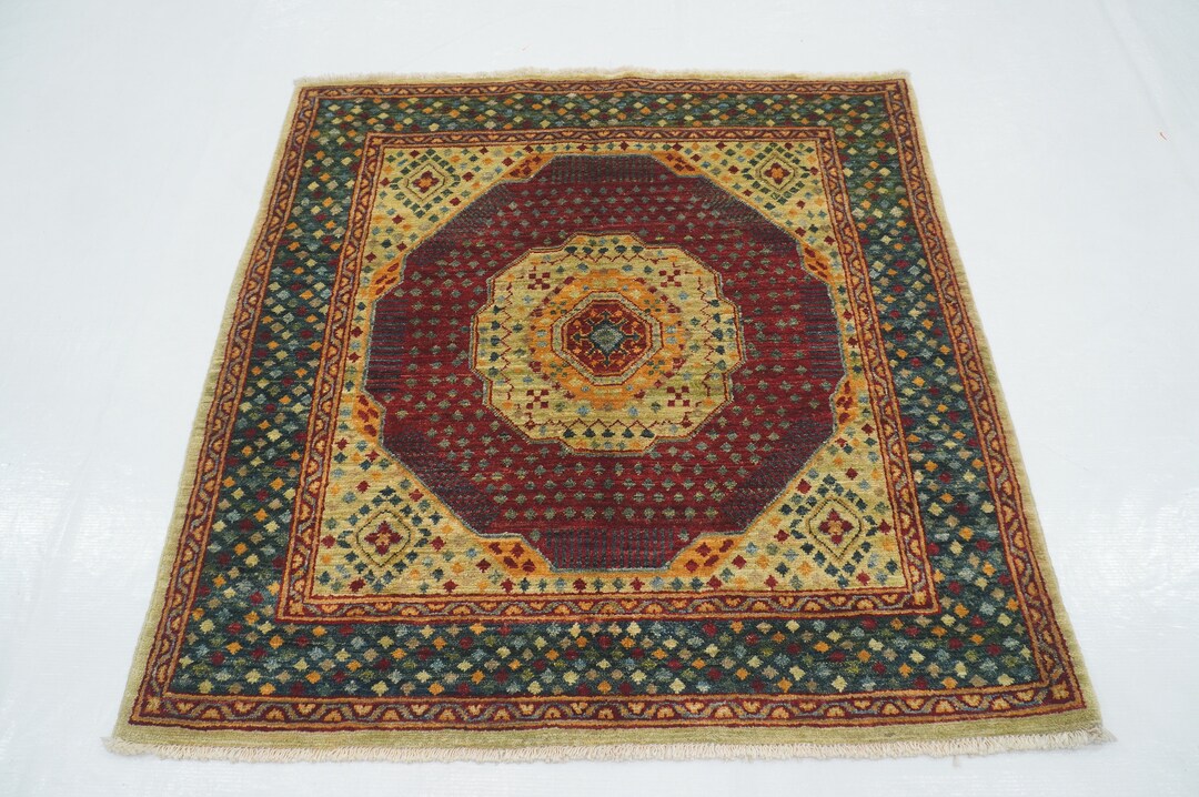 3x3 Green Turkish Square Rug Mamluk Hand Knotted Square Wool Area Rug ...