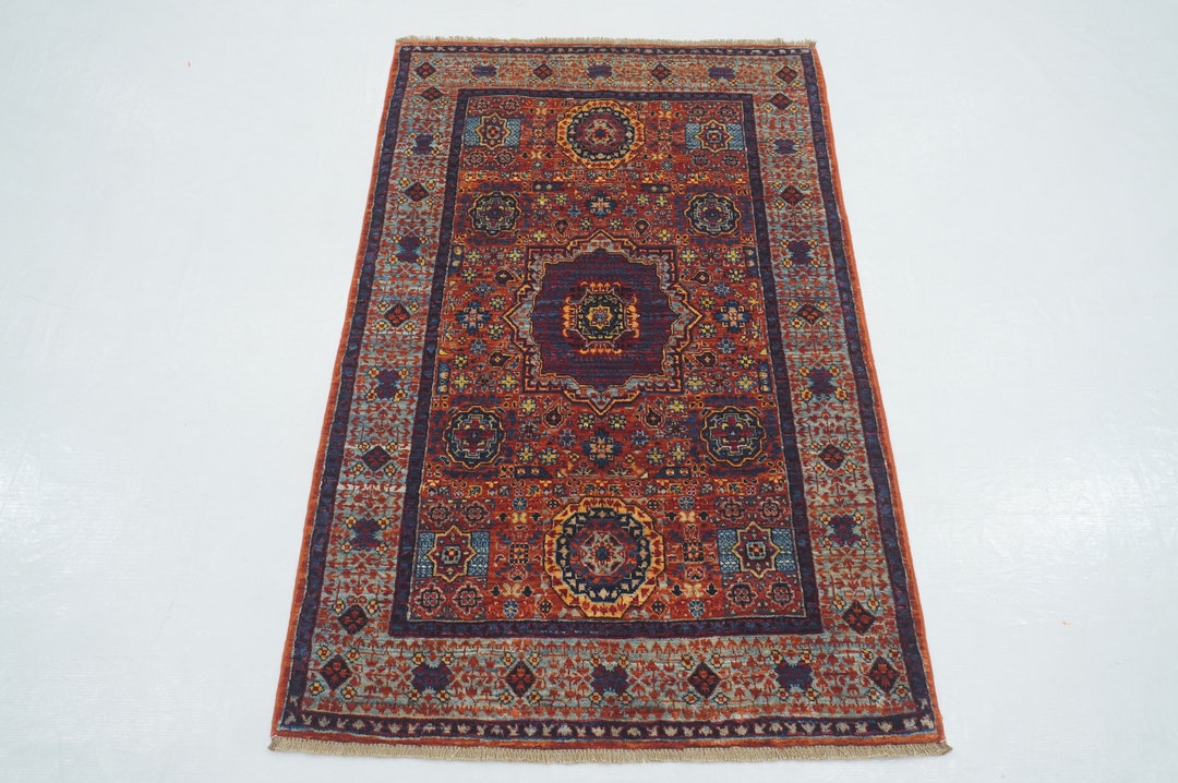 3x4 Orange Mamluk Rug - Hand Knotted Handspun Wool Veg Dyes Geometric ...