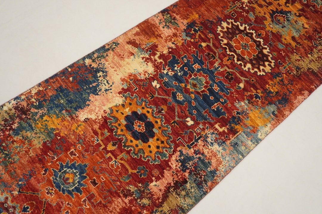 12 Ft Modern Bijar Runner Rug - Red Abstract Hand Knotted Veg Dye Wool ...