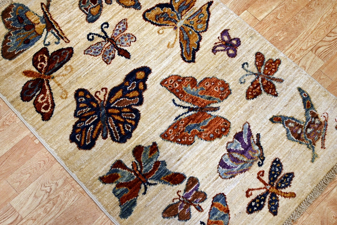 2x3 Beige Butterfly Gabbeh Area Rug Afghan Hand Knotted Wool Rug ...