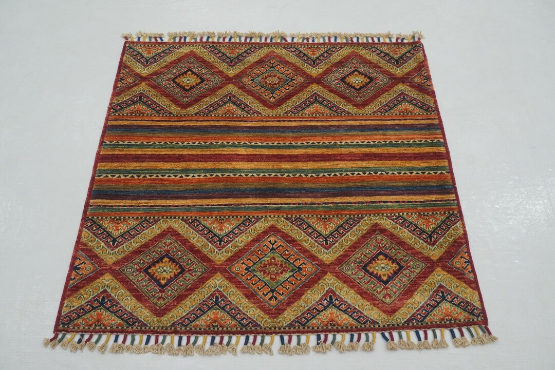 3x3 Red Tribal Square Rug Afghan Hand Knotted Wool Small Square Rug ...