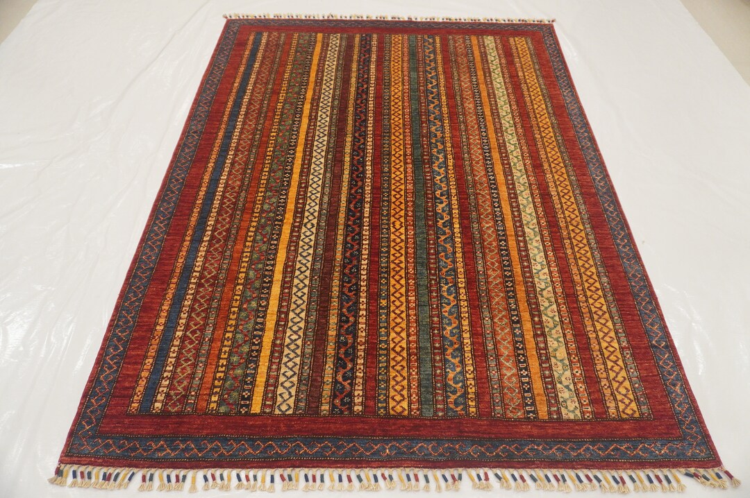 5x7 Red Shawl Rug Hand Knotted Veg Dyes Wool Striped Turkish Area Rug ...