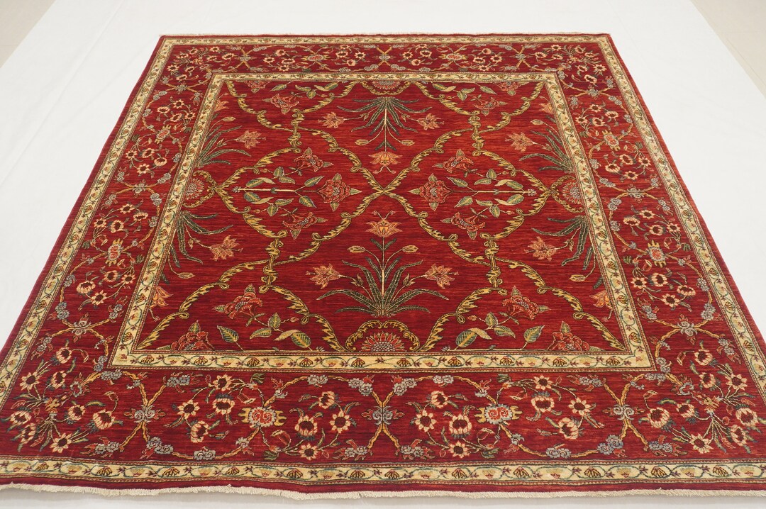 7x7 Square Area Rug - Red Super Fine Quality Persian Style Hand Knotted ...