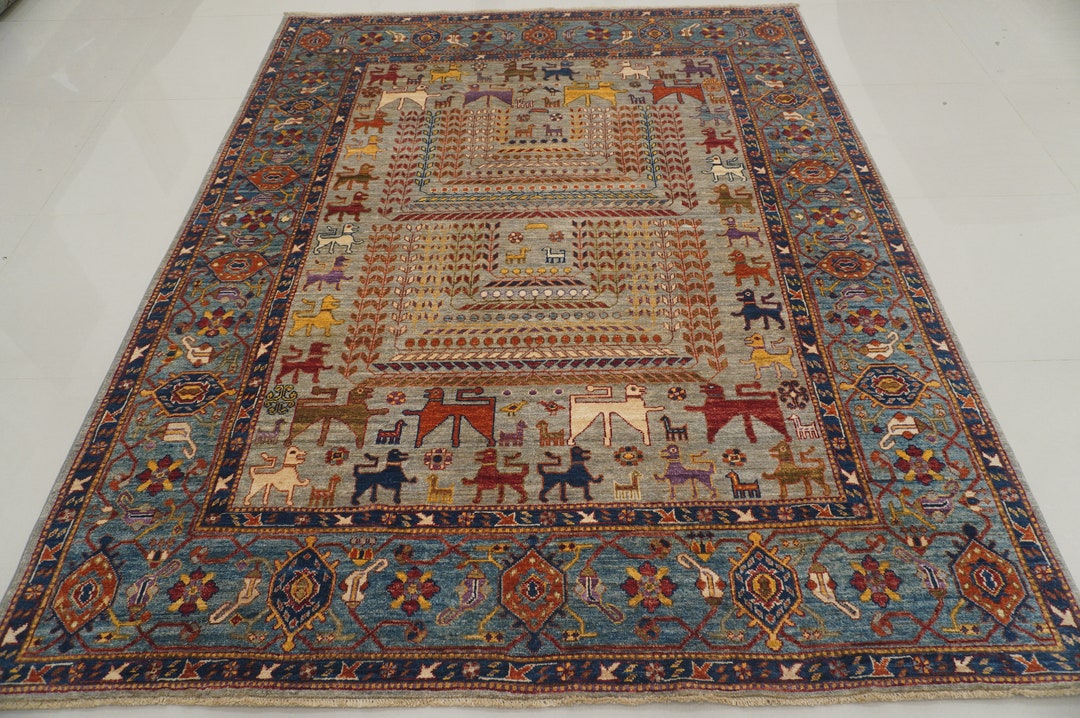 7x8 Gray Tribal Area Rug - Blueish Gray Persian Style Hand Knotted Veg ...