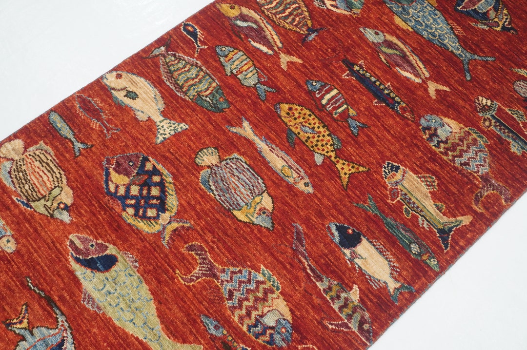 8 Ft Red Fish Runner Rug Gabbeh Afghan Hand Knotted Veg Dyes Wool ...
