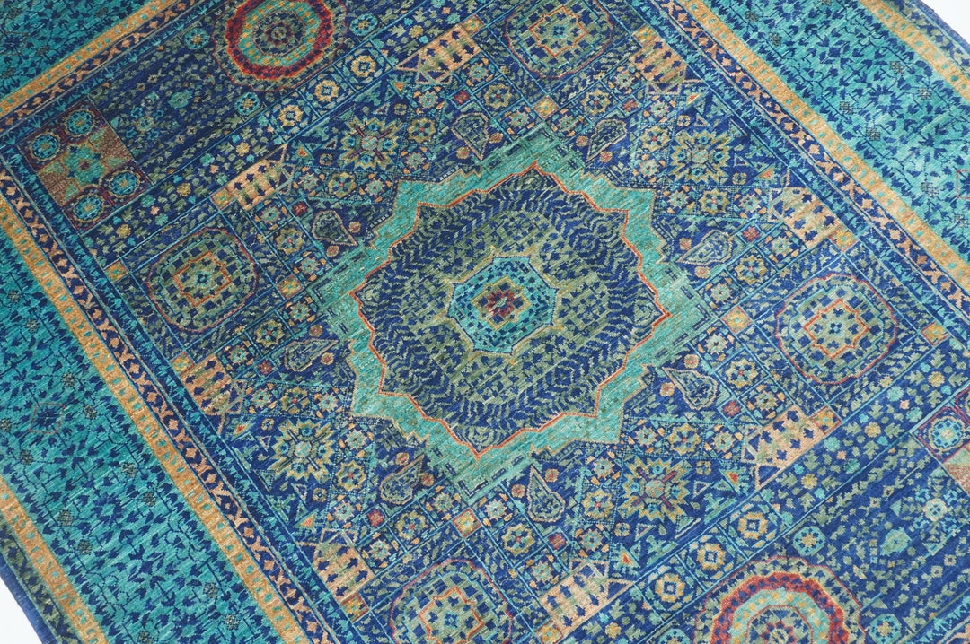 5x7 Turquoise Ink Blue Mamluk Area Rug - Fine Hand Knotted Natural Veg ...