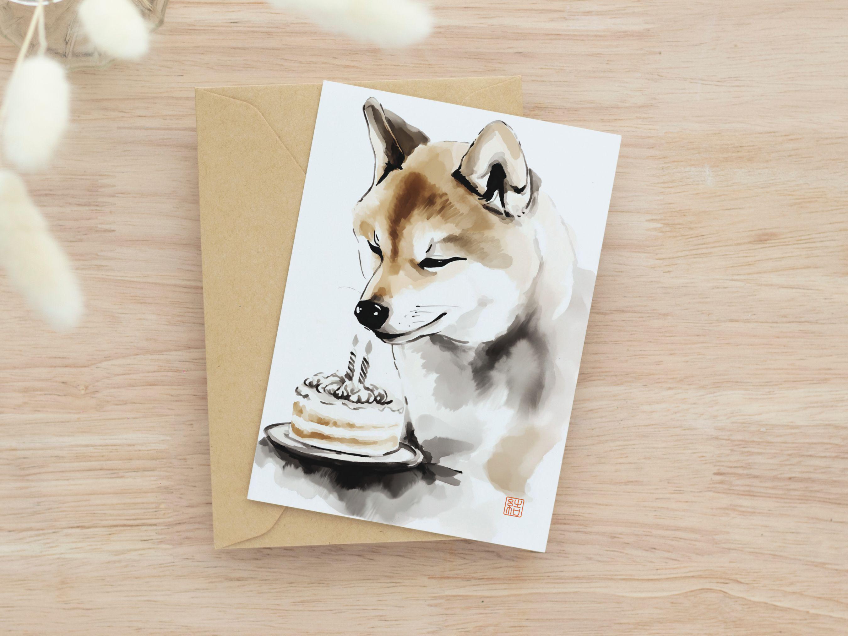 Printable Shiba-inu Birthday Card – Minimalist Japanese Sumi-e Art With ...