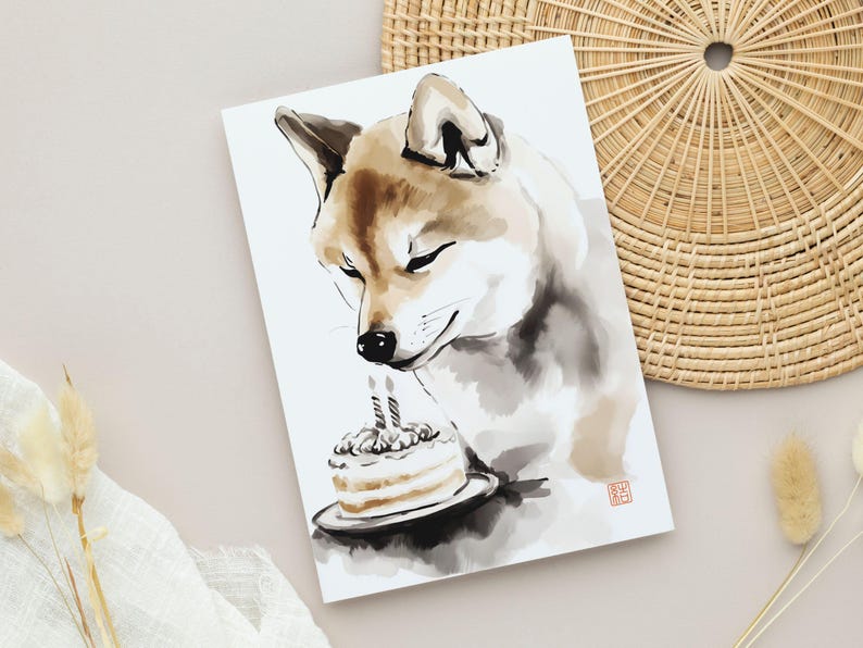 Printable Shiba-inu Birthday Card – Minimalist Japanese Sumi-e Art With ...