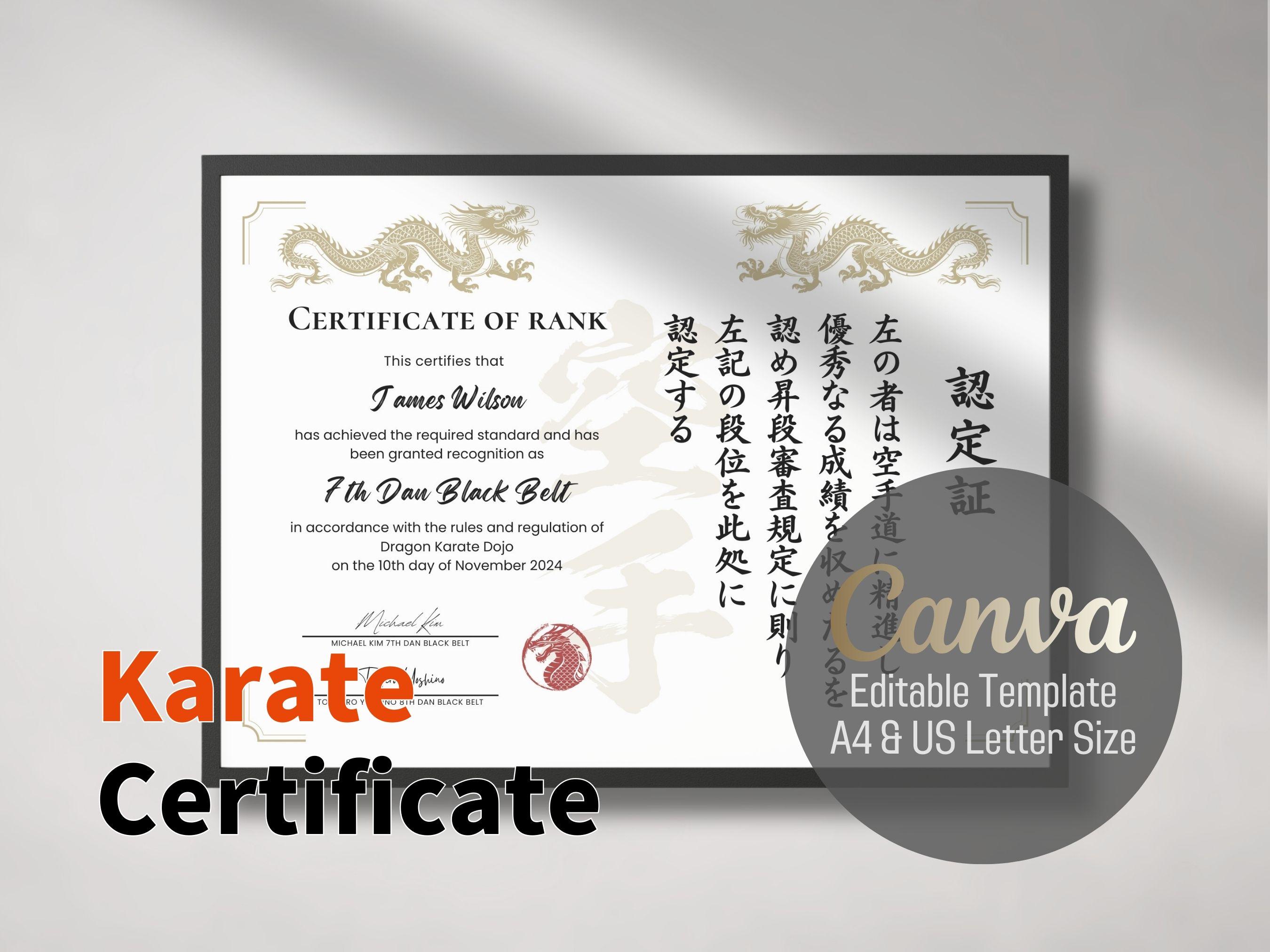 Editable Karate Rank Certificate Template Dragon Bilingual English ...
