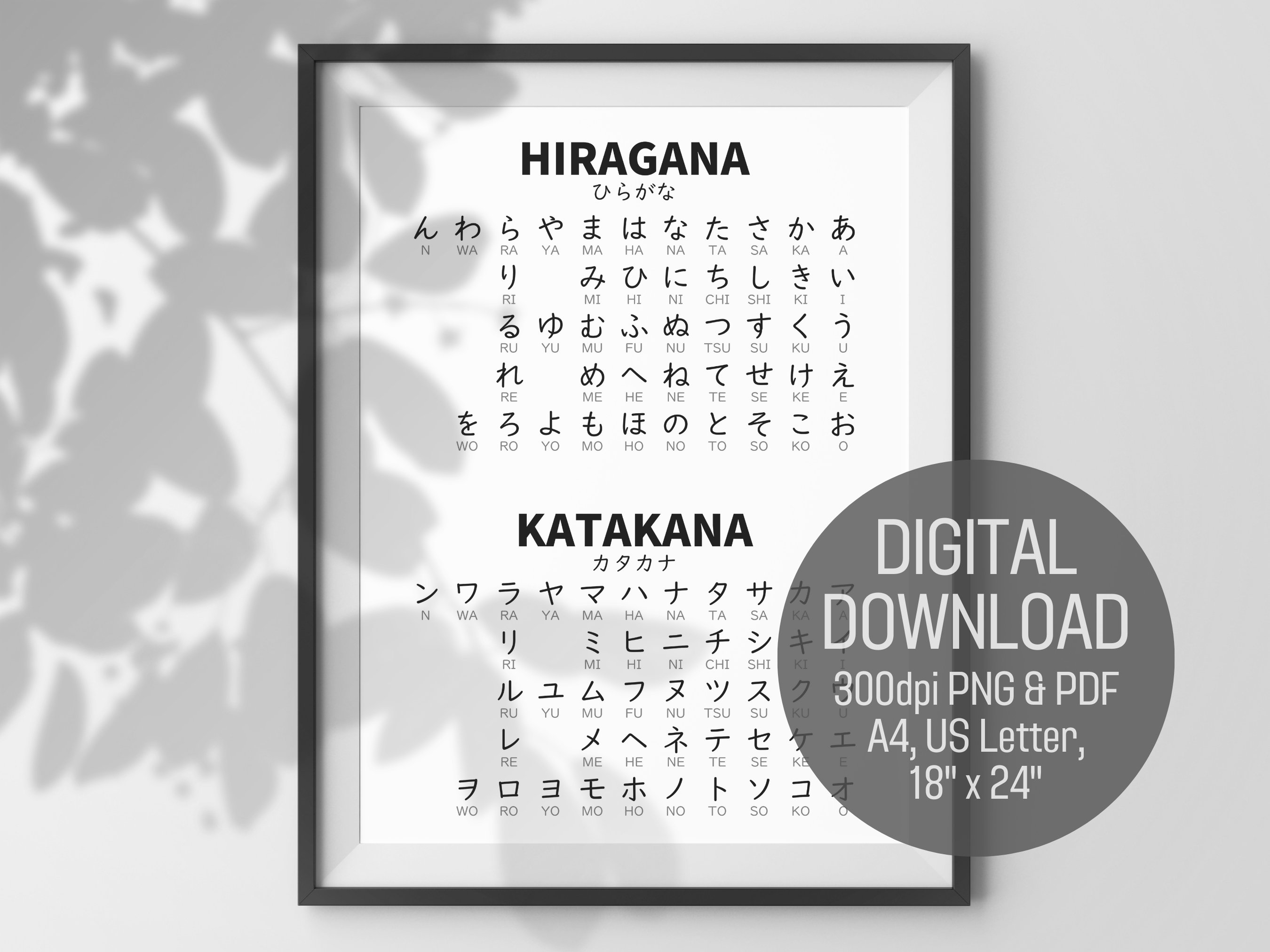 Hiragana Katakana Chart Poster Simple, Printable Japanese Wall Decor ...