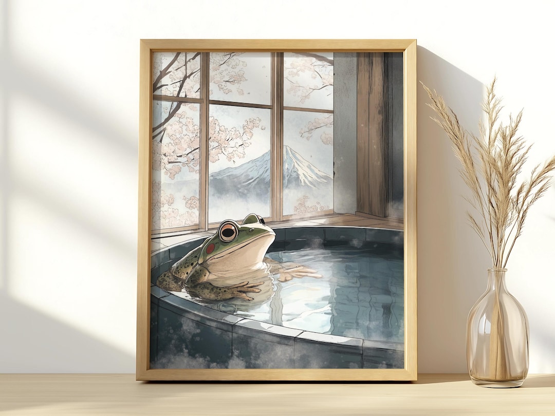 Printable Japanese Frog Wall Art | Indoor Onsen Bath With Sakura & Mt. Fuji View | Vintage-style ...