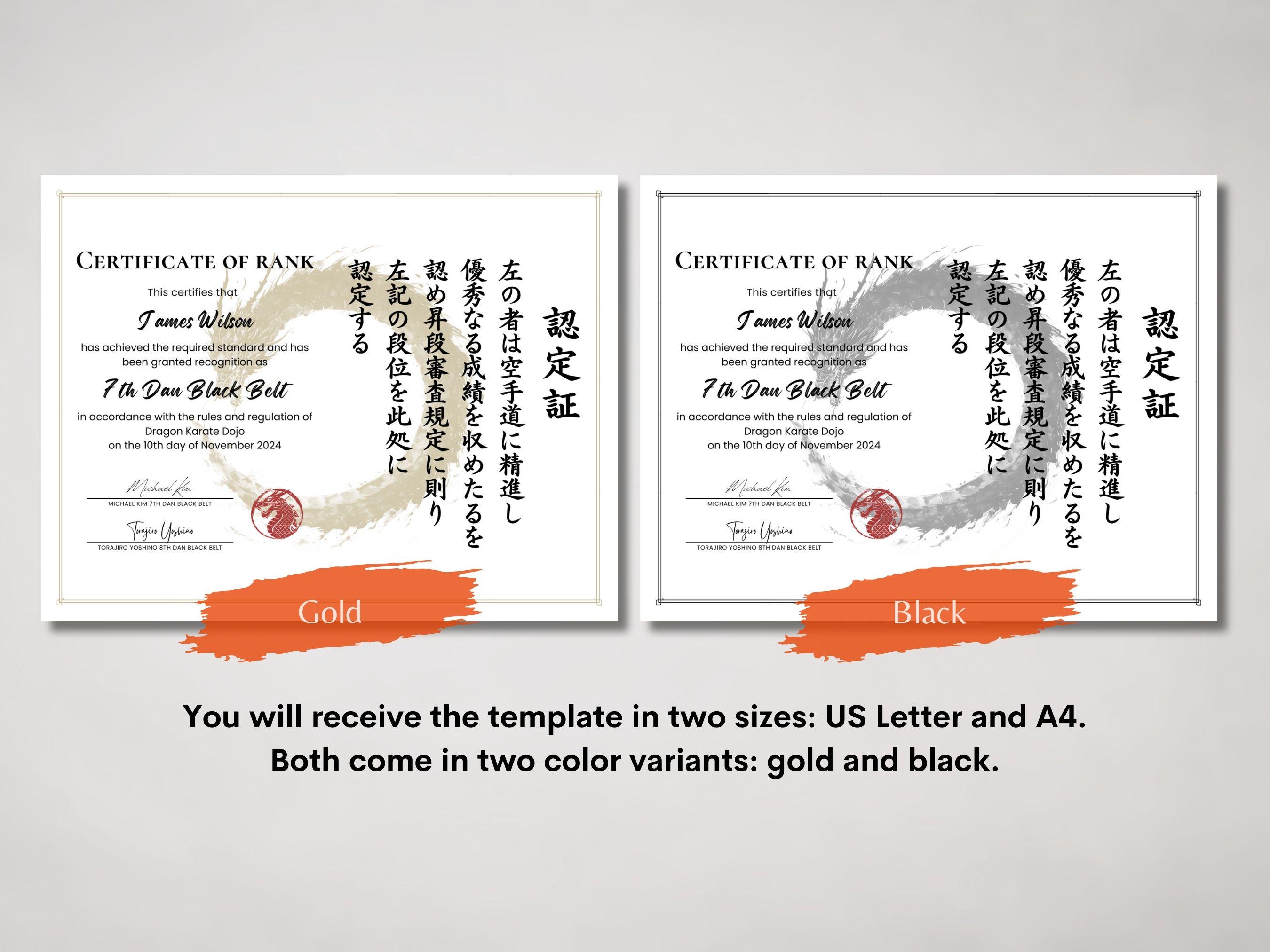 Editable Karate Rank Certificate Template - Dragon Enso - Bilingual ...