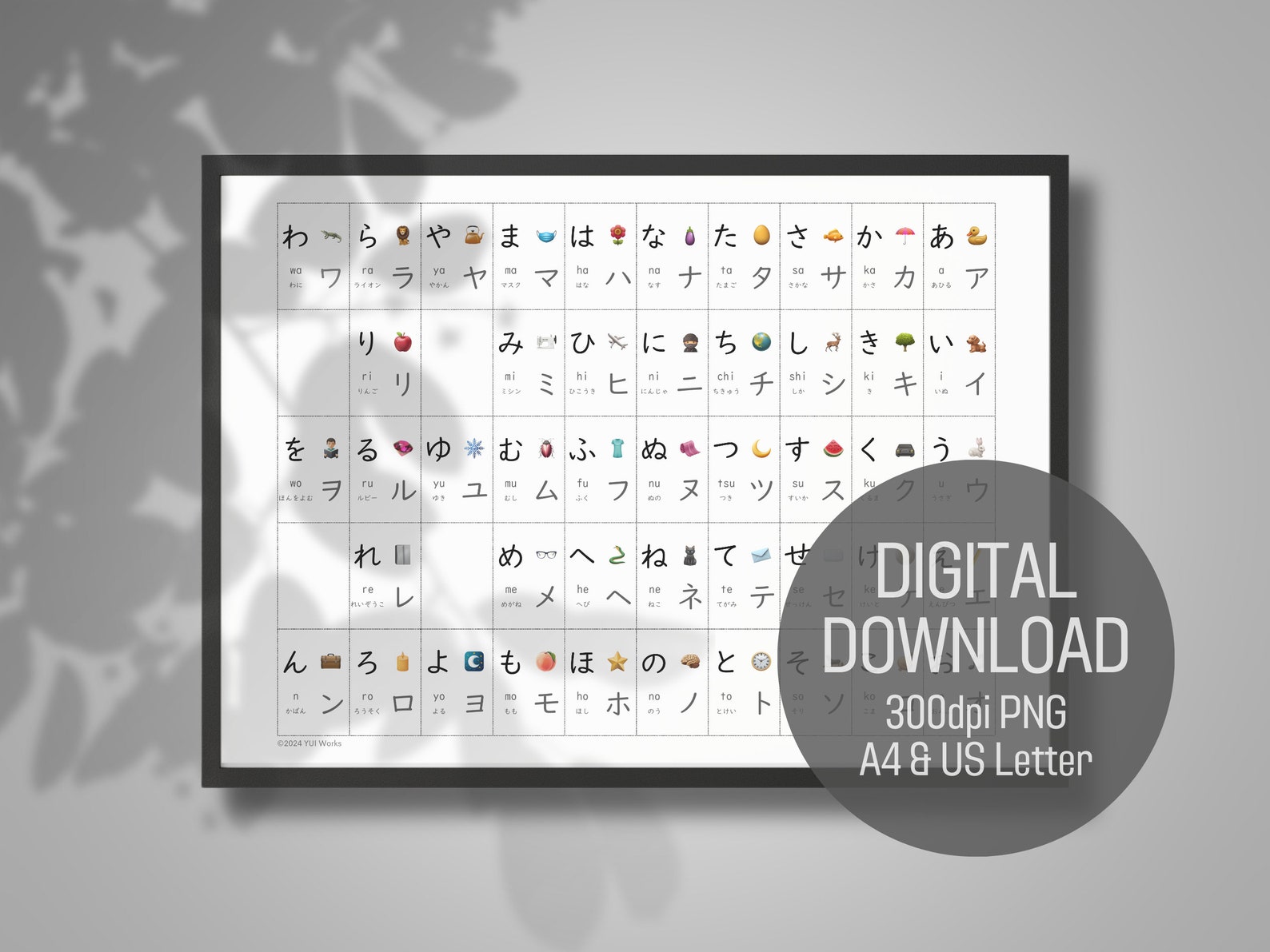Hiragana Katakana Chart With Examples, Printable Japanese Wall Decor ...