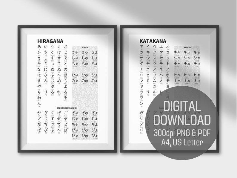 Complete Hiragana Katakana Charts Bundle, Printable Japanese Wall Decor ...