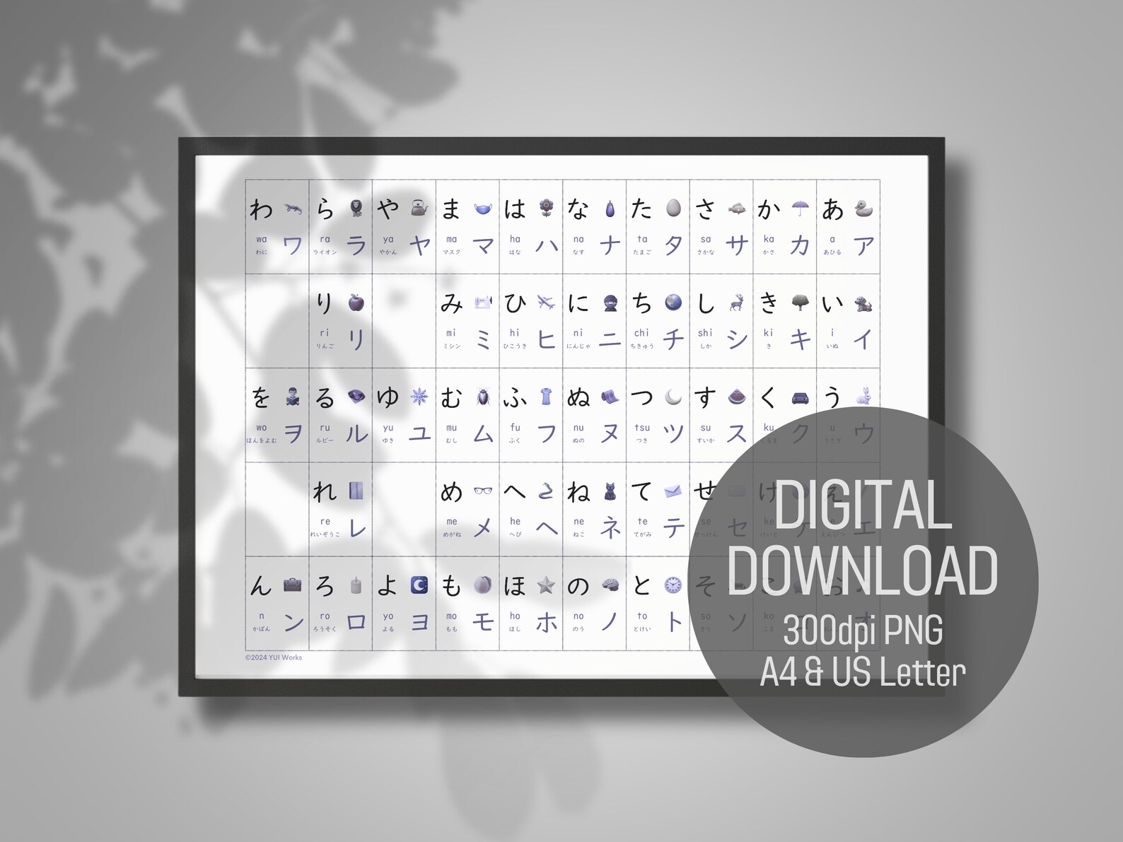Hiragana Katakana Chart With Examples in Blue Shade, Printable Japanese ...
