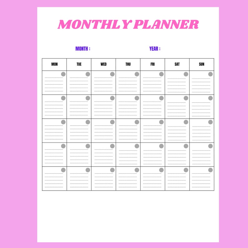 Monthly Planner Calendar Printable, Dated Month, Template - Etsy