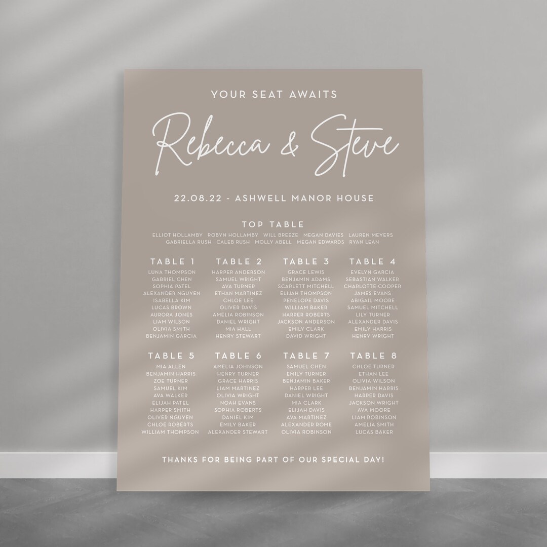 Printed Wedding Seating Plan, Table Plan, Modern Seating Chart, Printed ...