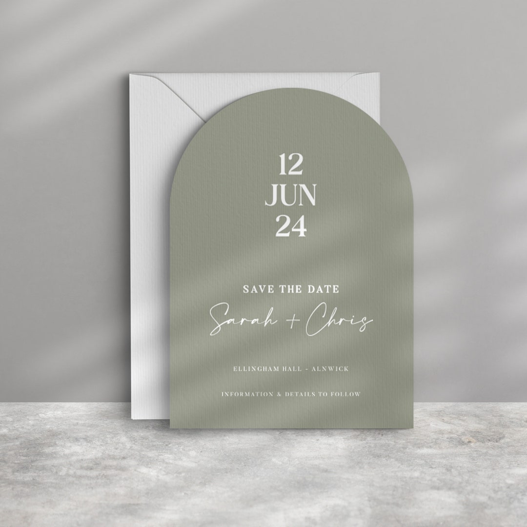 Sage Green Save the Date Arched Cards With Envelopes, Personalised Save ...