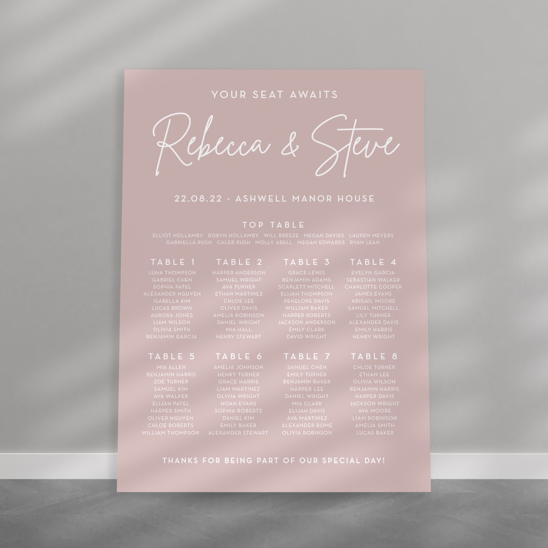 Printed Wedding Seating Plan, Table Plan, Modern Seating Chart, Printed ...