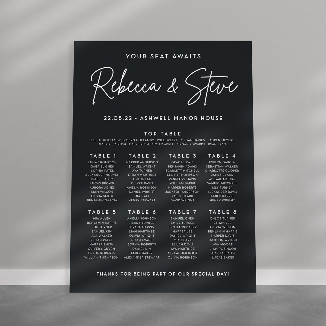 Printed Black Wedding Seating Chart Board, Table Plan, Modern Seating ...