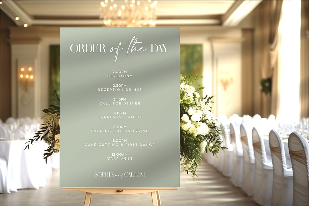 Printed Sage Green Order of the Day Wedding Sign, Modern Wedding ...