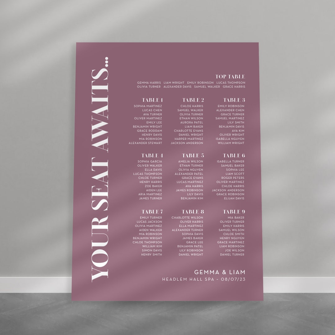 Printed Grape Wedding Seating Chart Board, Table Plan, Modern Seating ...