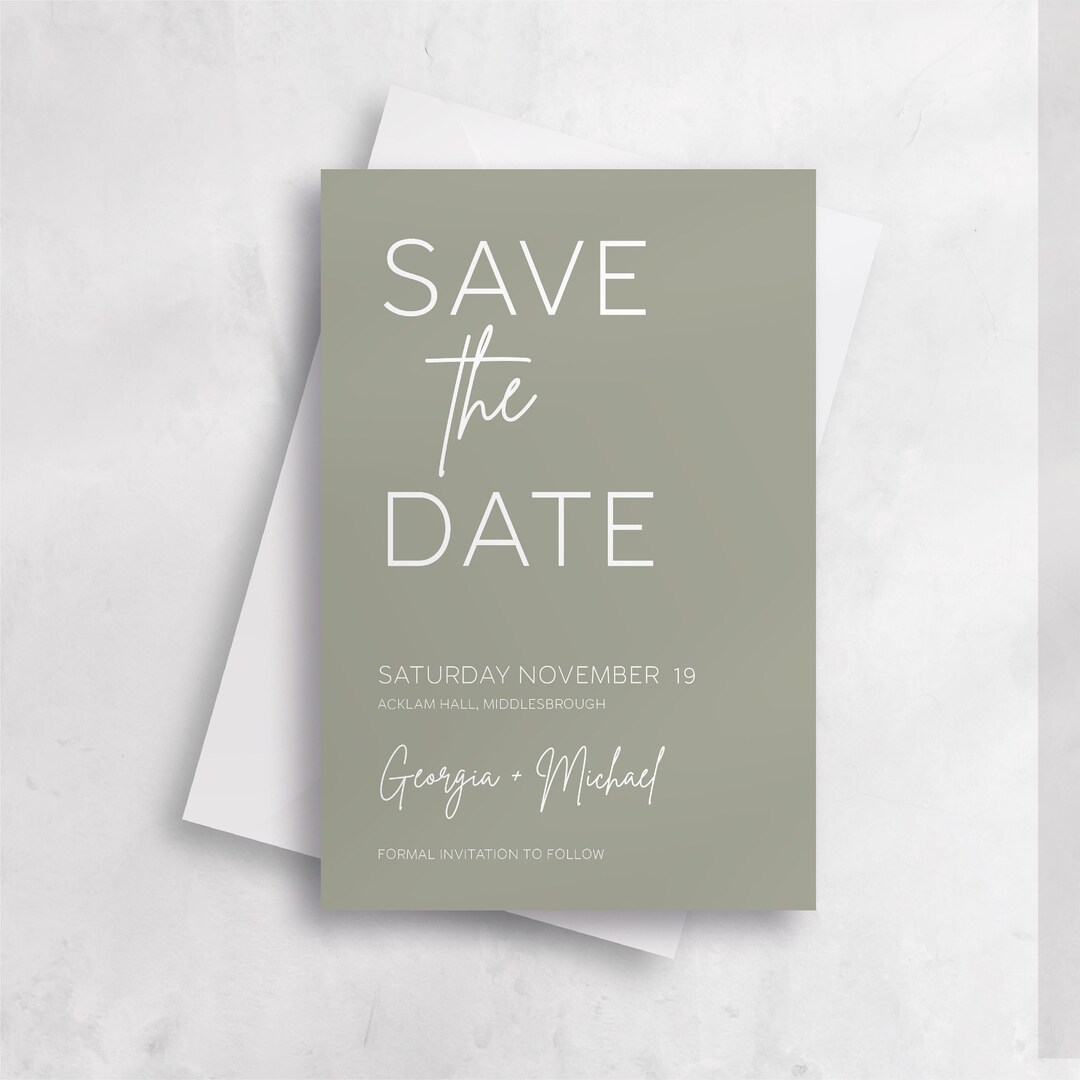 Sage Green Save the Date Cards With Envelopes, Personalised Save the ...
