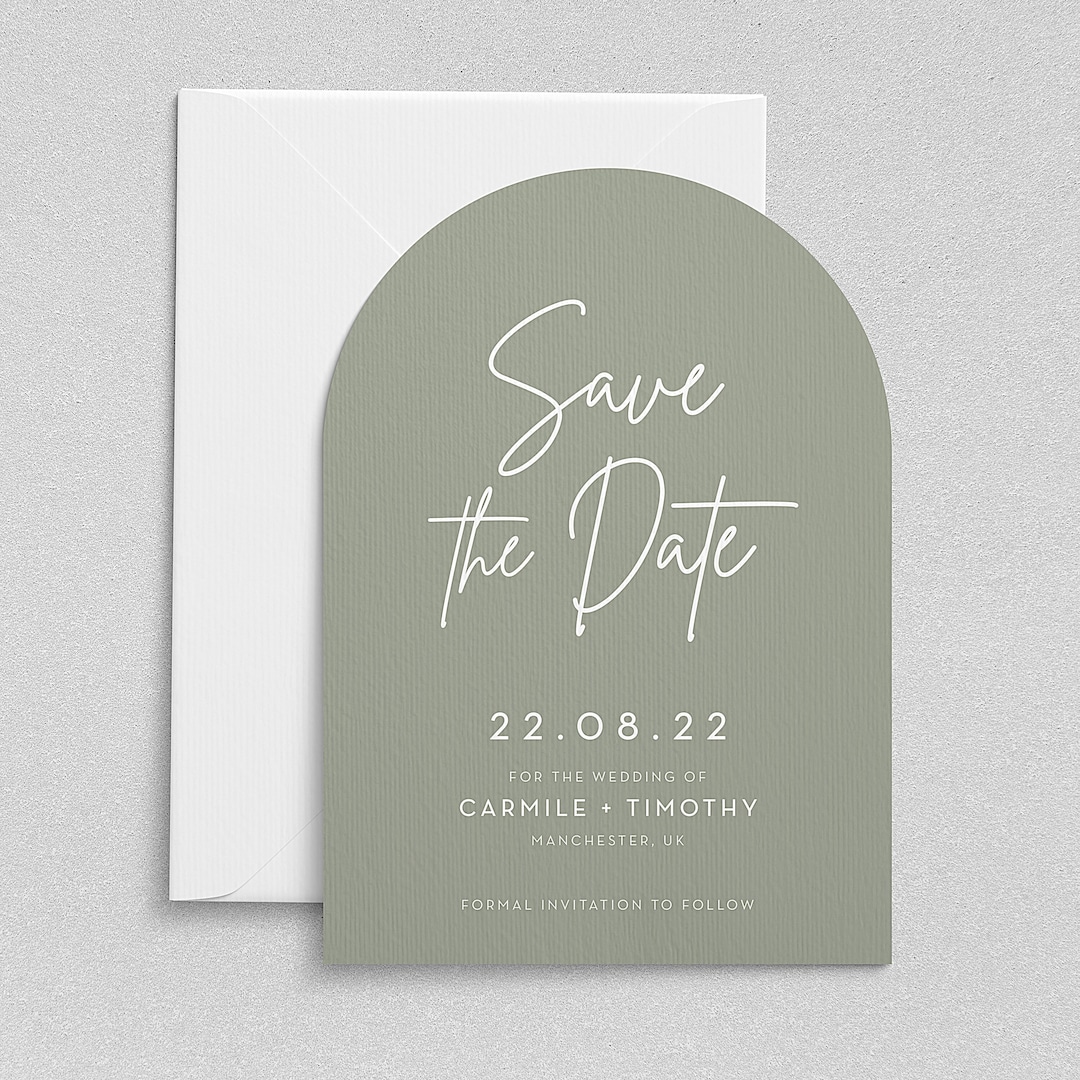 Sage Green Save the Date Arched Cards With Envelopes, Personalised Save ...