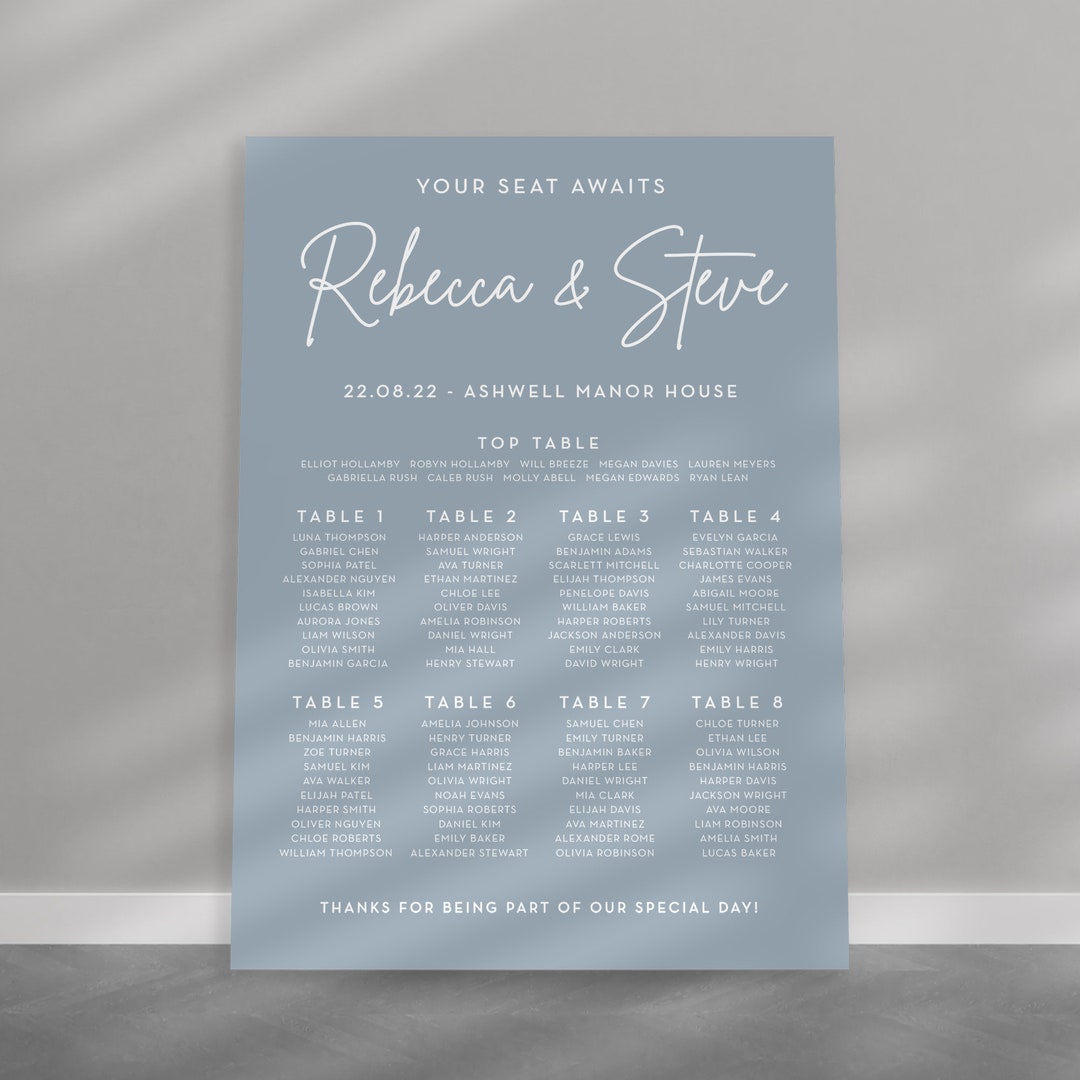 Printed Blue Wedding Seating Chart Board, Table Plan, Modern Seating ...