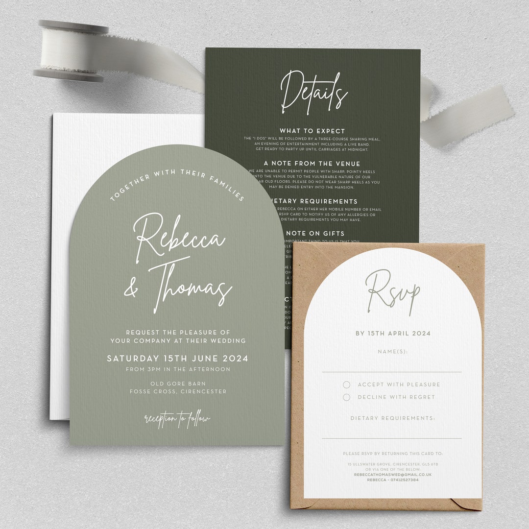 3 PC Sage Green Wedding Invitation Set With Envelopes, Personalised ...