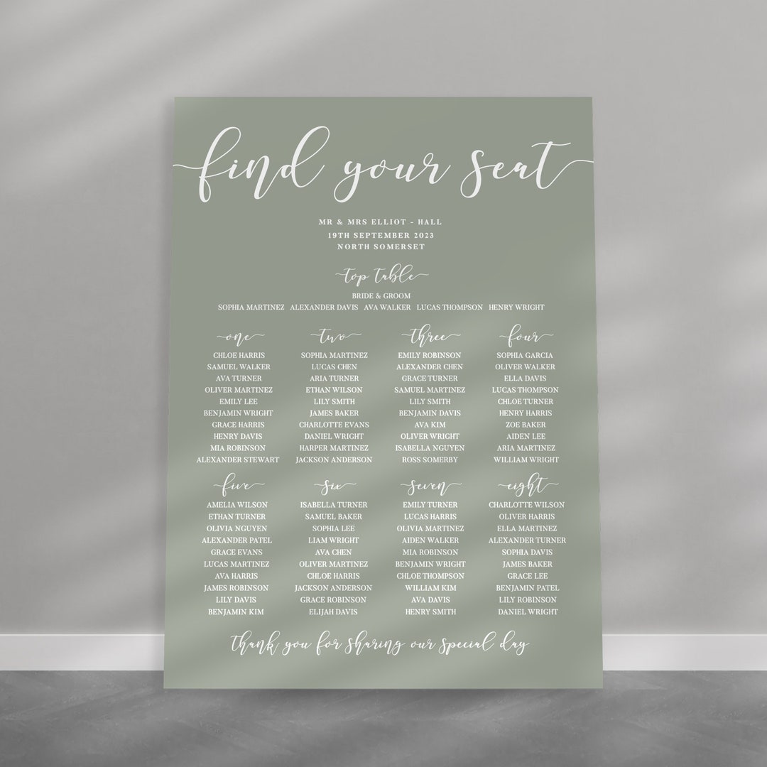 Printed Sage Green Wedding Seating Plan, Table Plan, Modern Seating ...