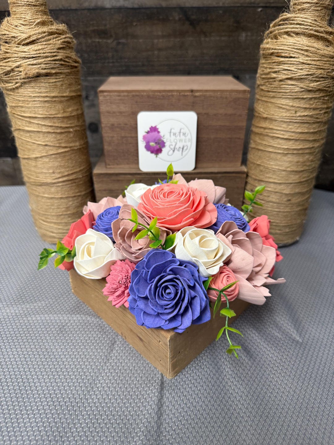 Rustic Wood Box Flower Arrangement – Coral, Purple, Blush & Cream Sola ...