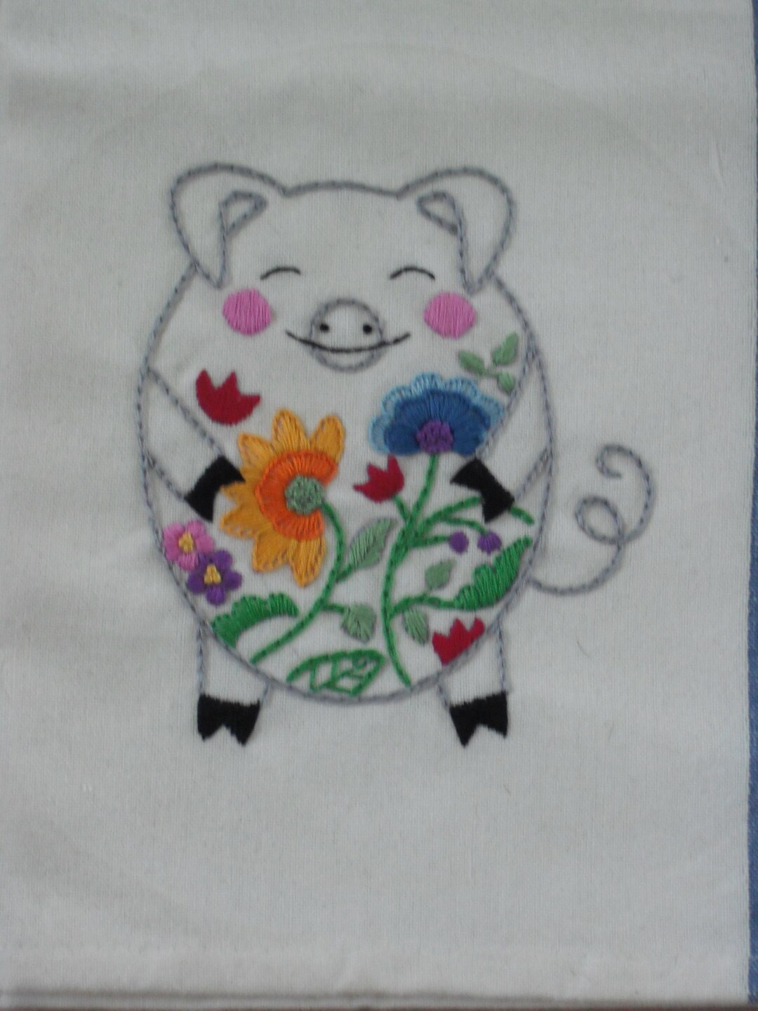 Hand Embroidered Pig Kitchen Towel - French Flower Pig - Etsy