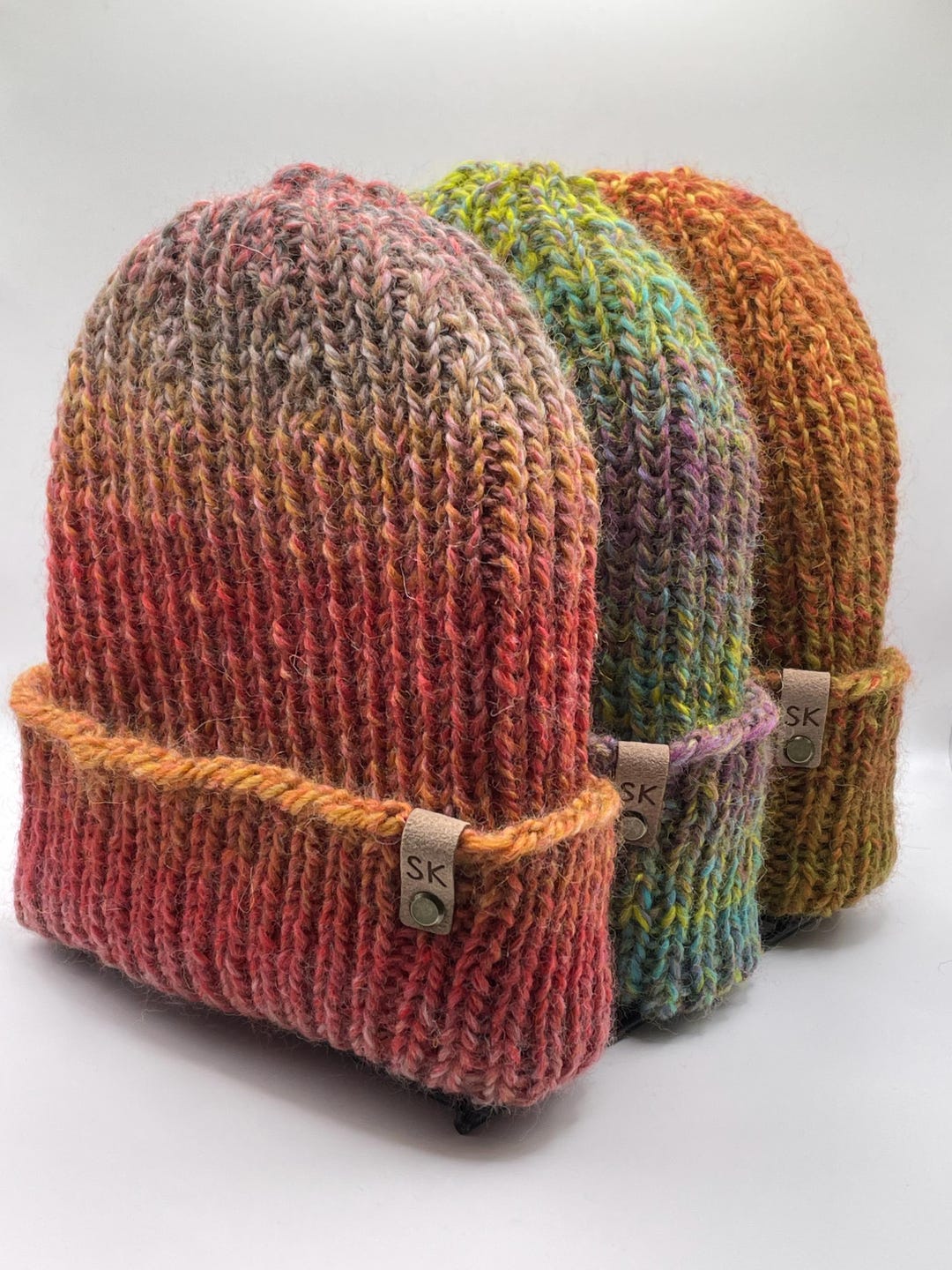 Pure Wool Hat, Unisex Chunky Ribbed Beanie, Graduated Yarn, Green ...