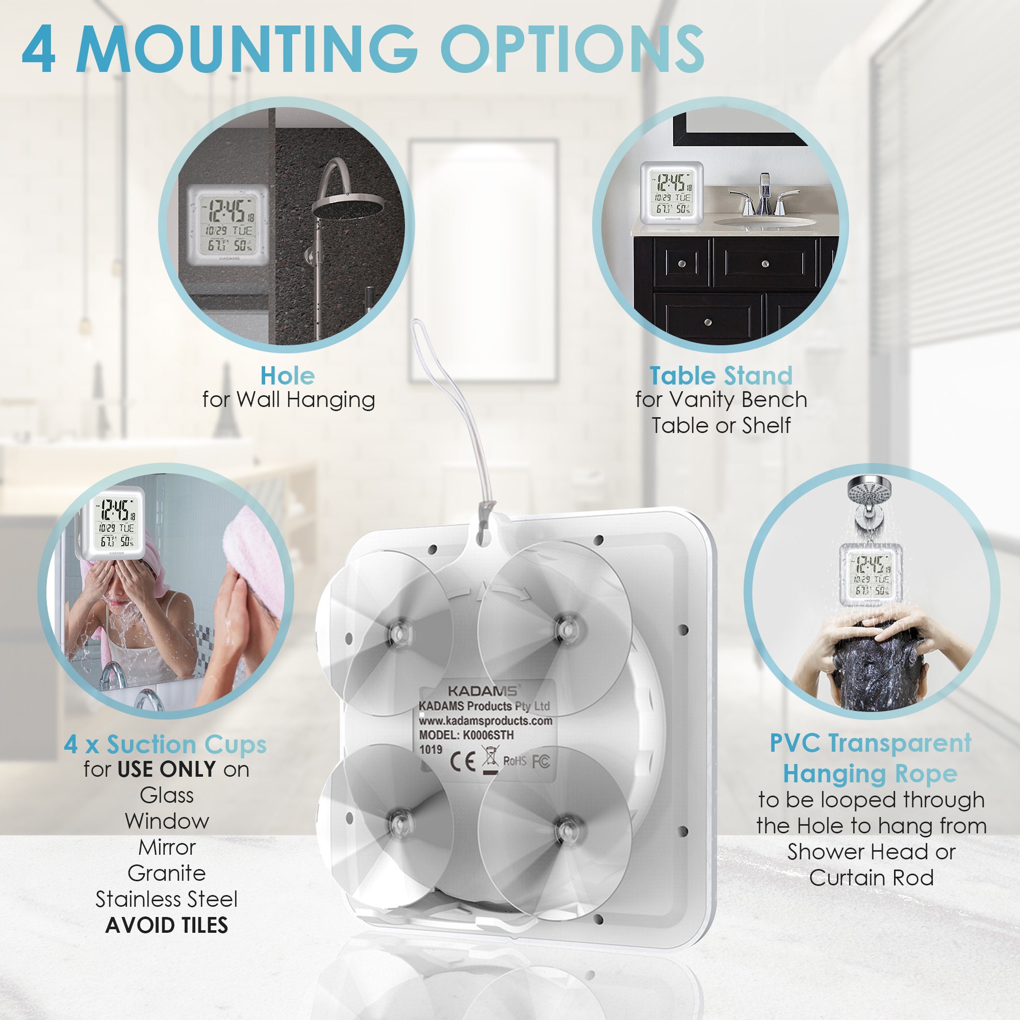 Kadams Large Digital Bathroom Shower Wall Clock Waterproof For Water