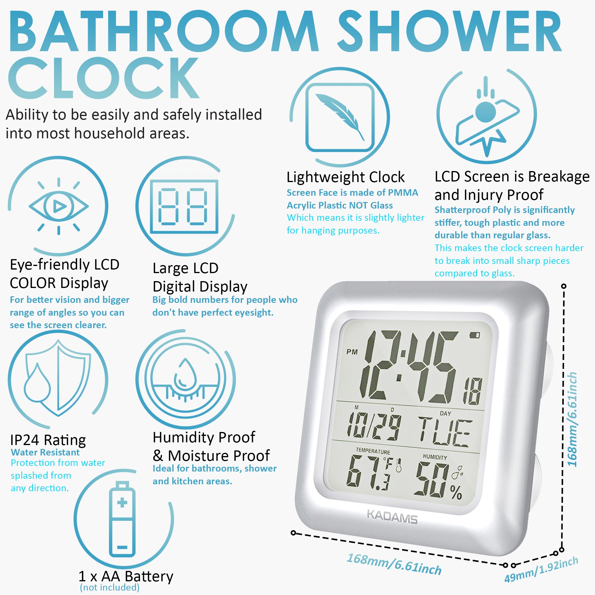 Kadams Large Digital Bathroom Shower Wall Clock Waterproof For Water