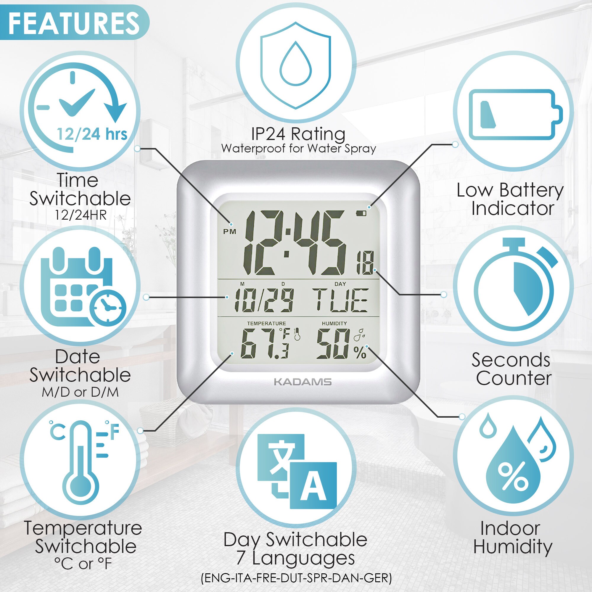 Kadams Large Digital Bathroom Shower Wall Clock Waterproof For Water